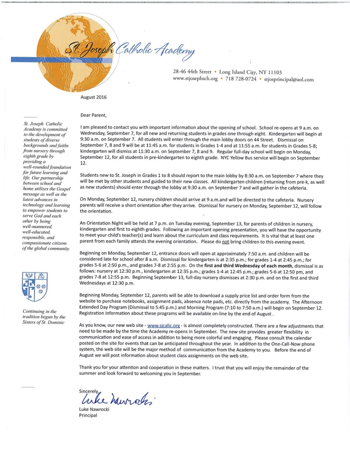 Parent Letter - August 2016 - St. Joseph Catholic Academy