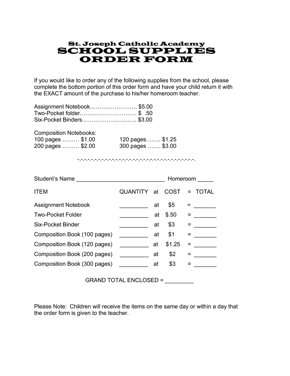 School Supplies Order Form - St. Joseph Catholic Academy