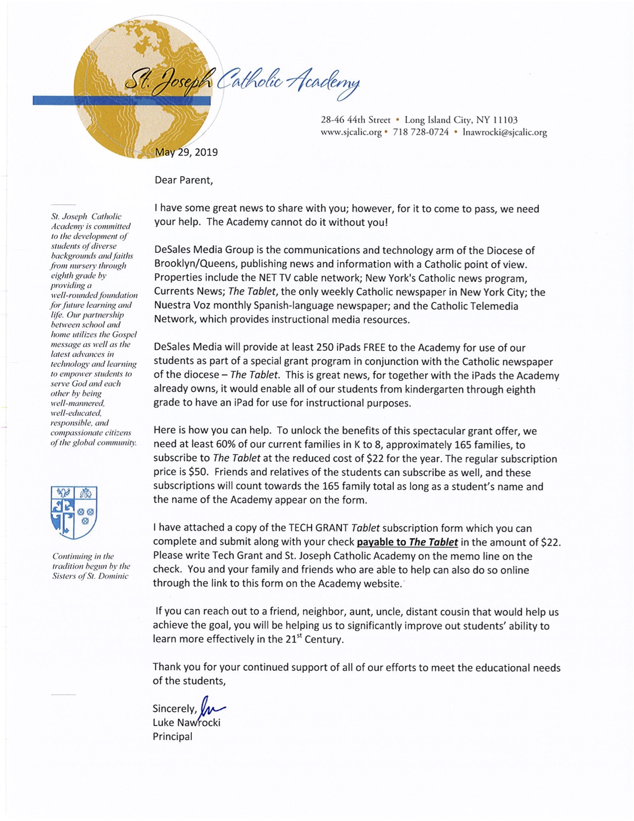 Help SJCA by Subscribing to The Tablet - St. Joseph Catholic Academy