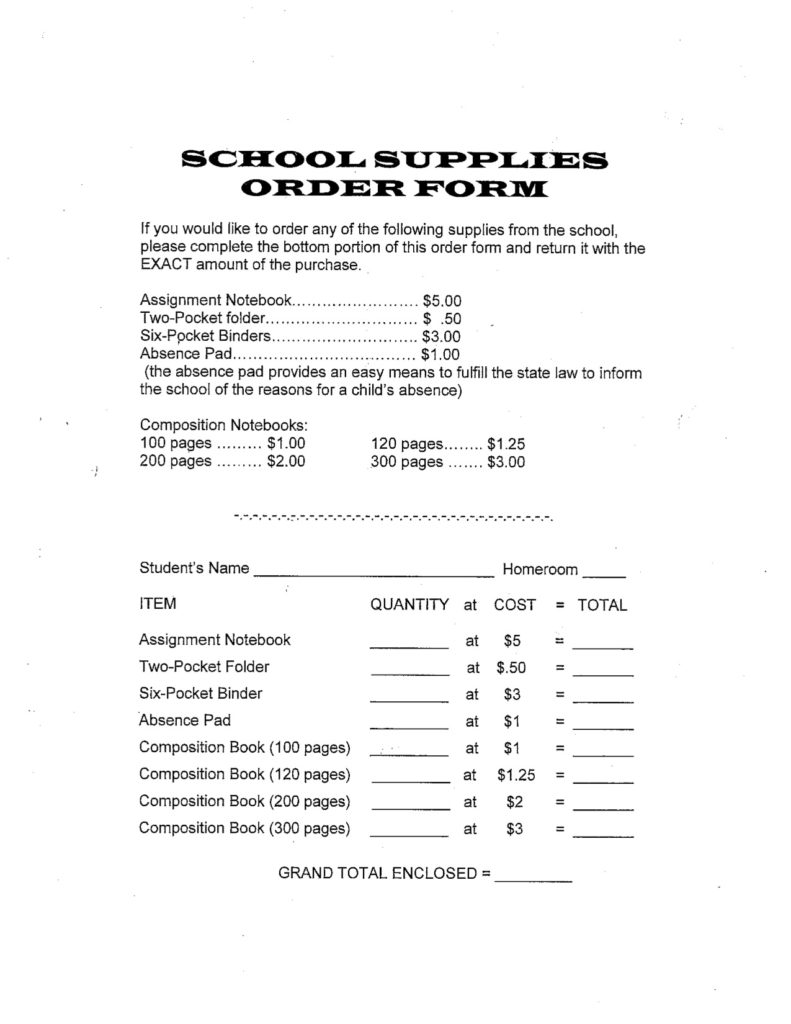 School Supplies Order Form - St. Joseph Catholic Academy